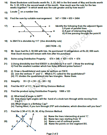 CBSE Class 6 Mathematics Question Paper Set 2